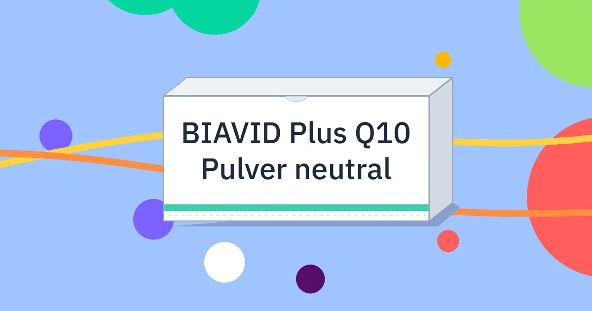 Symbolbild: Packung mit der Aufschrift BIAVID Plus Q10 Pulver neutral (PZN 01350156) – Verfügbarkeit und Bezug in Apotheken in Frankfurt am Main