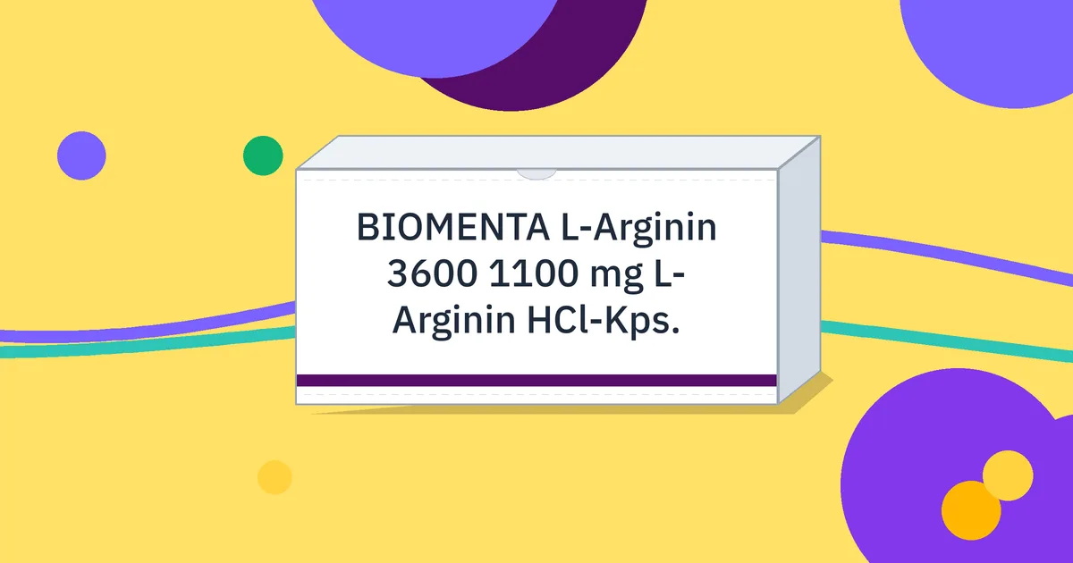 Symbolbild: Packung mit der Aufschrift BIOMENTA L-Arginin 3600 1100 mg L-Arginin HCl-Kps. (PZN 10962591) – Verfügbarkeit und Bezug in Apotheken in Frankfurt am Main