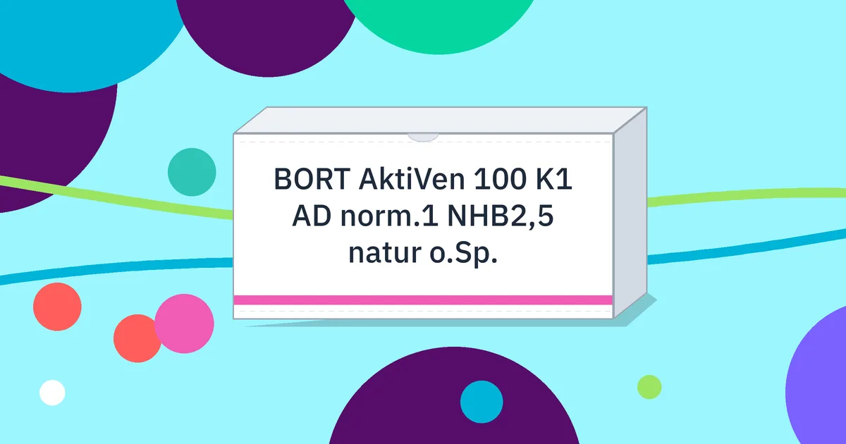 Symbolbild: Packung mit der Aufschrift BORT AktiVen 100 K1 AD norm.1 NHB2,5 natur o.Sp. (PZN 17498211) – Verfügbarkeit und Bezug in Apotheken in Frankfurt am Main