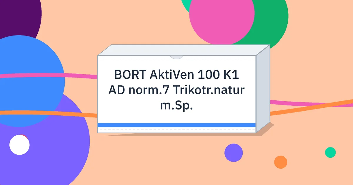 Symbolbild: Packung mit der Aufschrift BORT AktiVen 100 K1 AD norm.7 Trikotr.natur m.Sp. (PZN 13726170) – Verfügbarkeit und Bezug in Apotheken in Frankfurt am Main