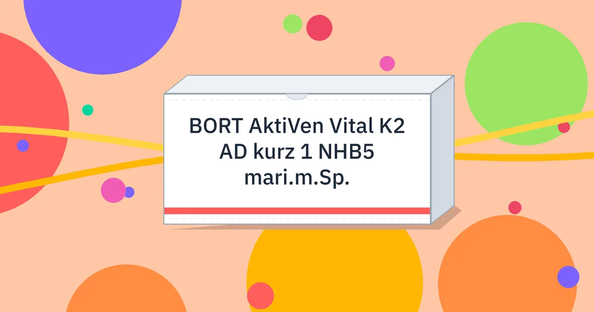 Symbolbild: Packung mit der Aufschrift BORT AktiVen Vital K2 AD kurz 1 NHB5 mari.m.Sp. (PZN 17494704) – Verfügbarkeit und Bezug in Apotheken in Frankfurt am Main