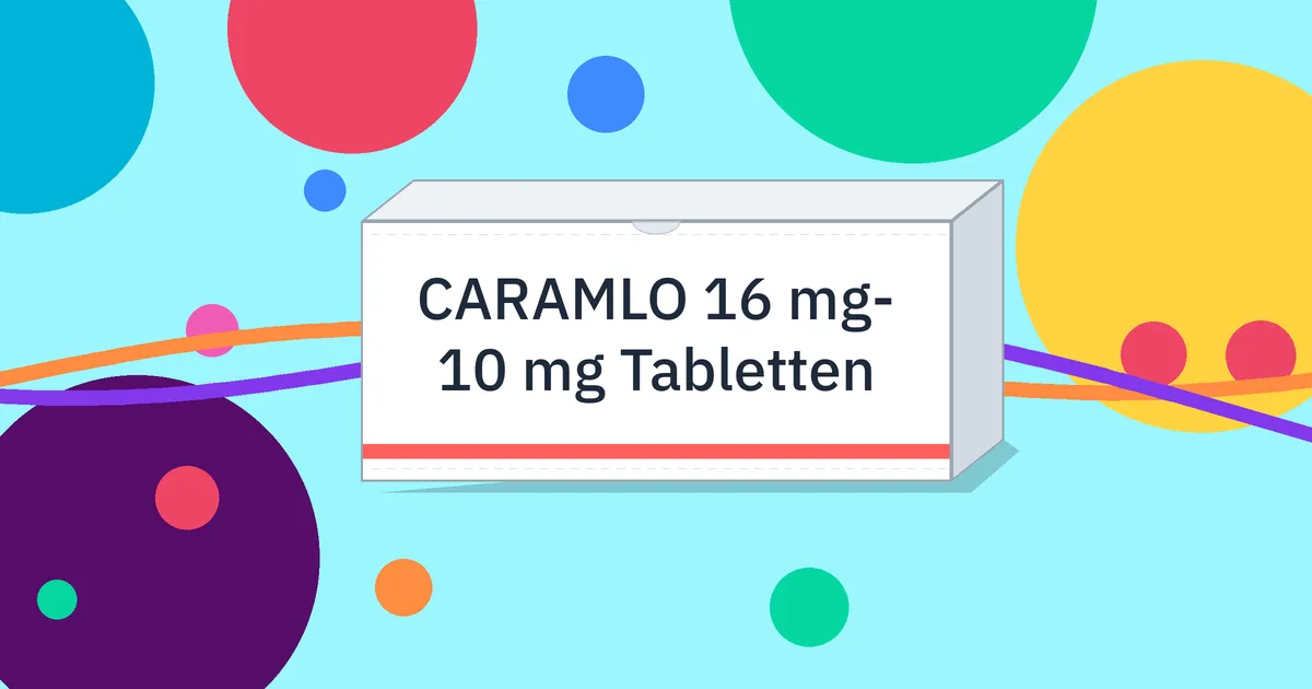 Symbolbild: Packung mit der Aufschrift CARAMLO 16 mg-10 mg Tabletten (PZN 14227575) – Verfügbarkeit und Bezug in Apotheken in Frankfurt am Main