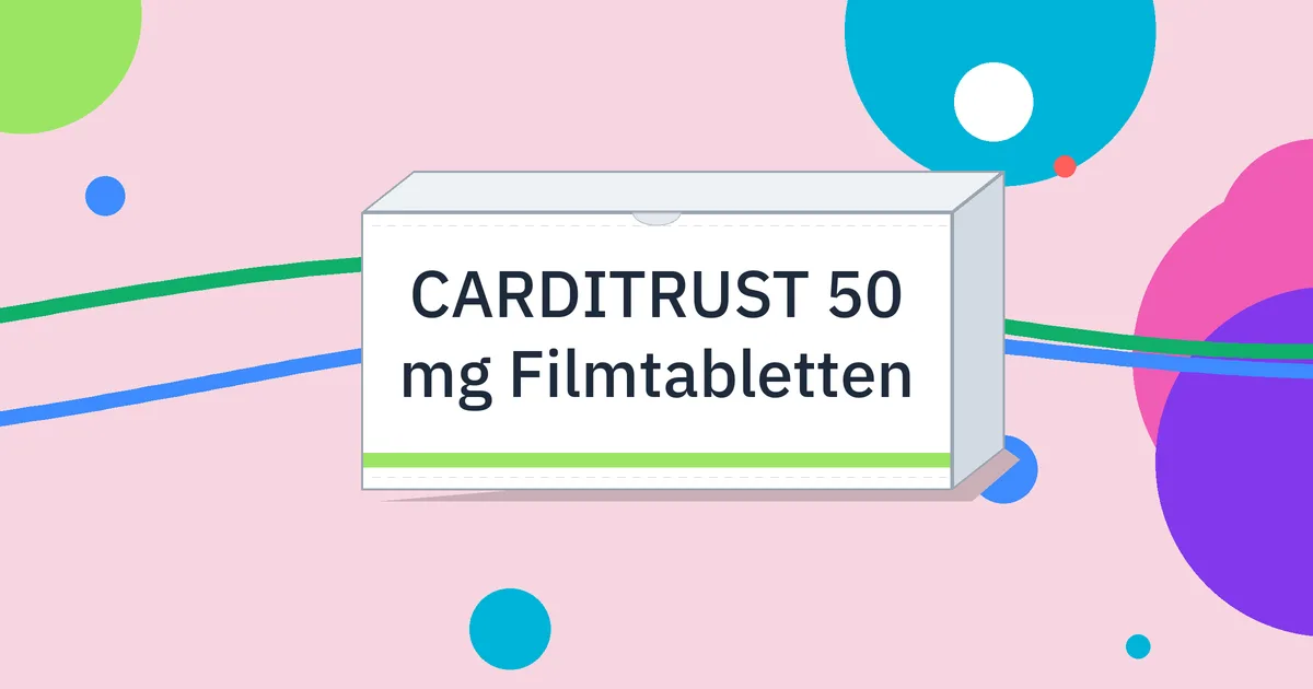 Symbolbild: Packung mit der Aufschrift CARDITRUST 50 mg Filmtabletten (PZN 19827860) – Verfügbarkeit und Bezug in Apotheken in Frankfurt am Main