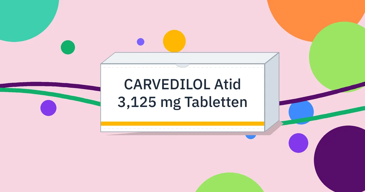 Symbolbild: Packung mit der Aufschrift CARVEDILOL Atid 3,125 mg Tabletten (PZN 00614340) – Verfügbarkeit und Bezug in Apotheken in Frankfurt am Main