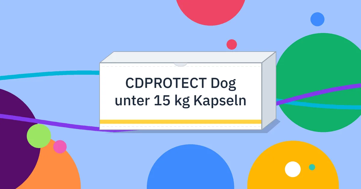Symbolbild: Packung mit der Aufschrift CDPROTECT Dog unter 15 kg Kapseln (PZN 16906889) – Verfügbarkeit und Bezug in Apotheken in Frankfurt am Main