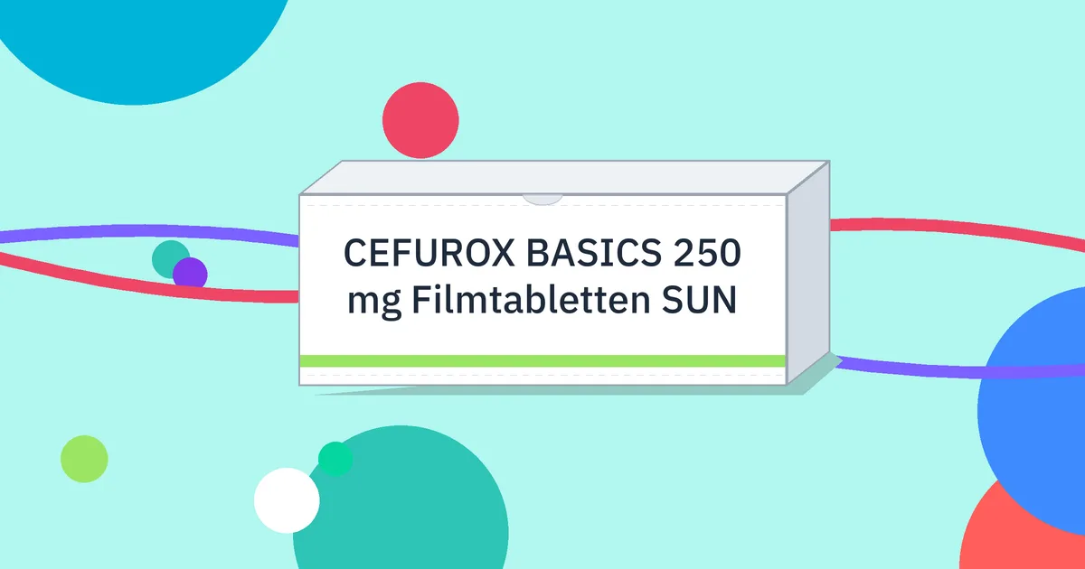 Symbolbild: Packung mit der Aufschrift CEFUROX BASICS 250 mg Filmtabletten SUN (PZN 12585170) – Verfügbarkeit und Bezug in Apotheken in Frankfurt am Main