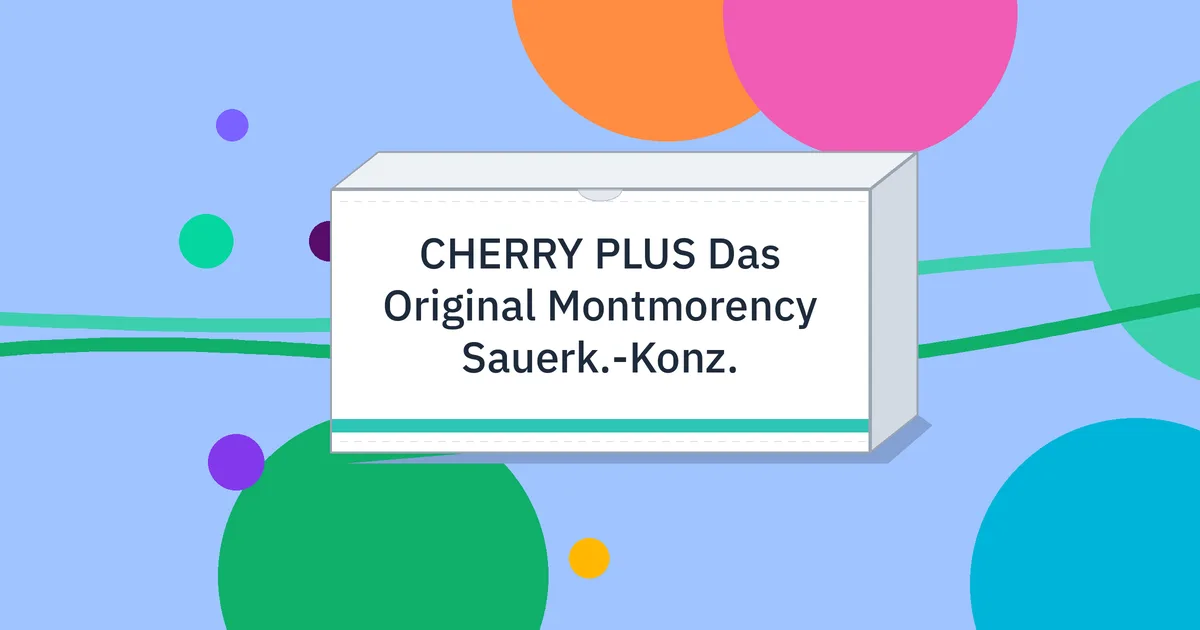Symbolbild: Packung mit der Aufschrift CHERRY PLUS Das Original Montmorency Sauerk.-Konz. (PZN 12529361) – Verfügbarkeit und Bezug in Apotheken in Frankfurt am Main