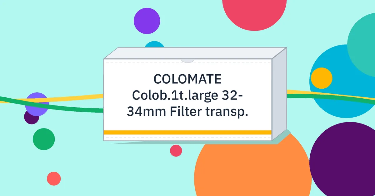 Symbolbild: Packung mit der Aufschrift COLOMATE Colob.1t.large 32-34mm Filter transp. (PZN 03740223) – Verfügbarkeit und Bezug in Apotheken in Frankfurt am Main