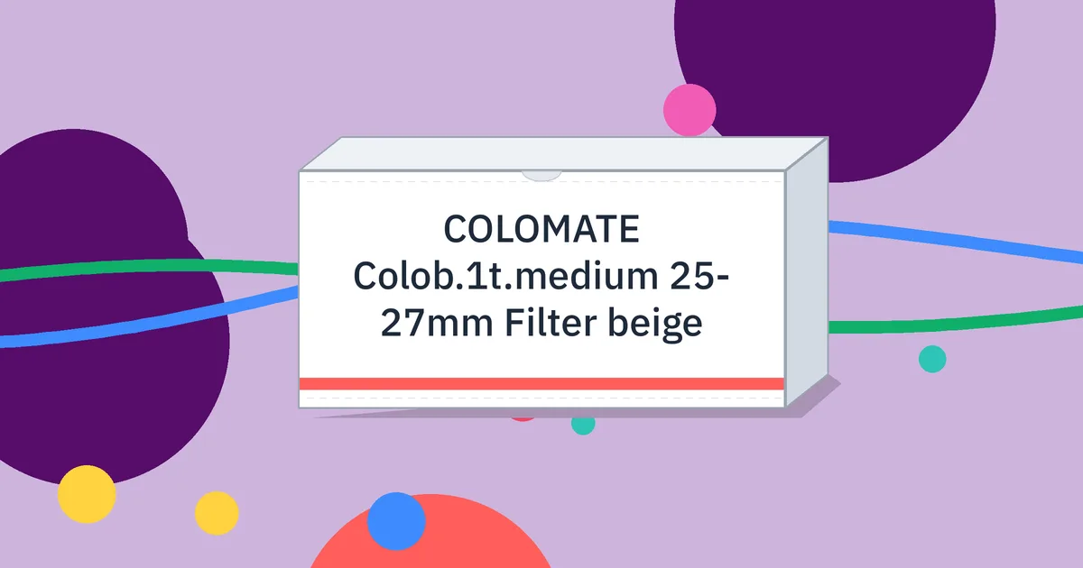 Symbolbild: Packung mit der Aufschrift COLOMATE Colob.1t.medium 25-27mm Filter beige (PZN 03740387) – Verfügbarkeit und Bezug in Apotheken in Frankfurt am Main