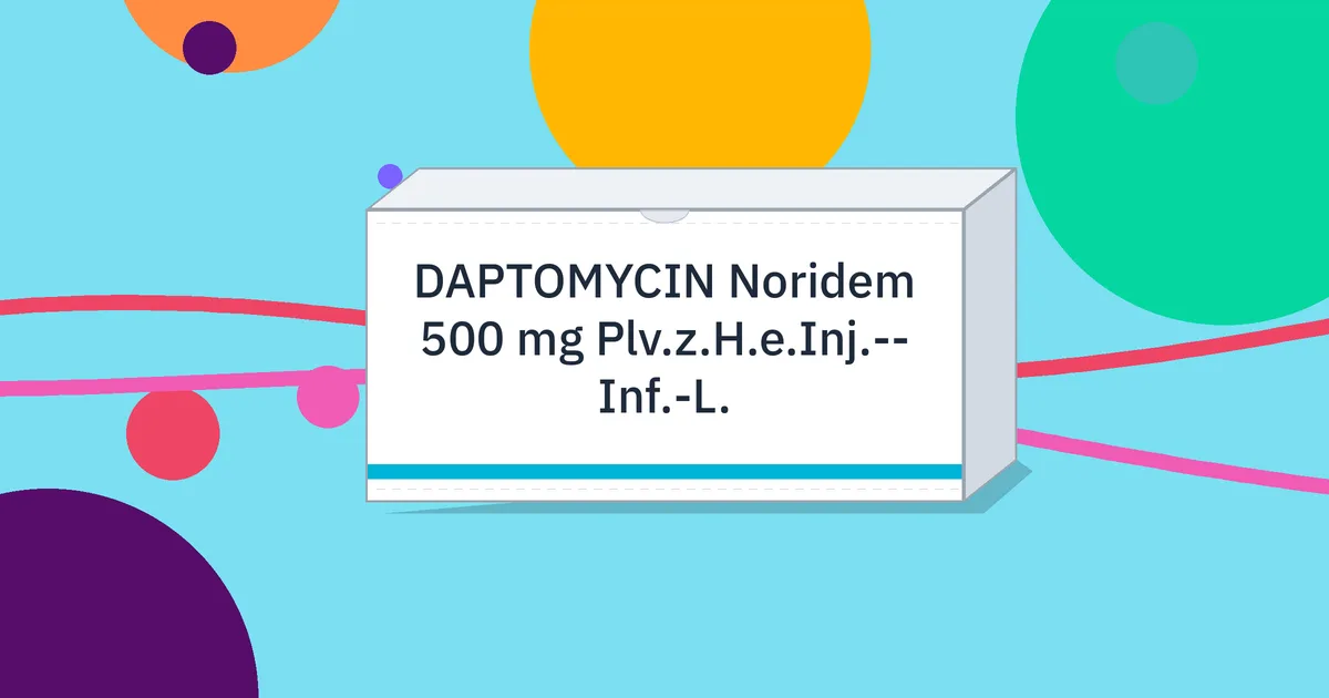 Symbolbild: Packung mit der Aufschrift DAPTOMYCIN Noridem 500 mg Plv.z.H.e.Inj.--Inf.-L. (PZN 16896085) – Verfügbarkeit und Bezug in Apotheken in Frankfurt am Main
