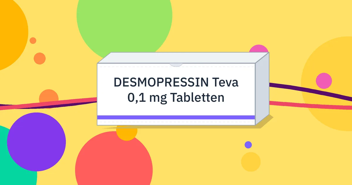 Symbolbild: Packung mit der Aufschrift DESMOPRESSIN Teva 0,1 mg Tabletten (PZN 01876036) – Verfügbarkeit und Bezug in Apotheken in Frankfurt am Main