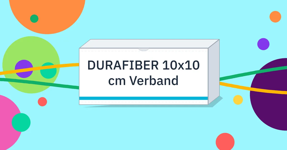 Symbolbild: Packung mit der Aufschrift DURAFIBER 10x10 cm Verband (PZN 00976652) – Verfügbarkeit und Bezug in Apotheken in Frankfurt am Main