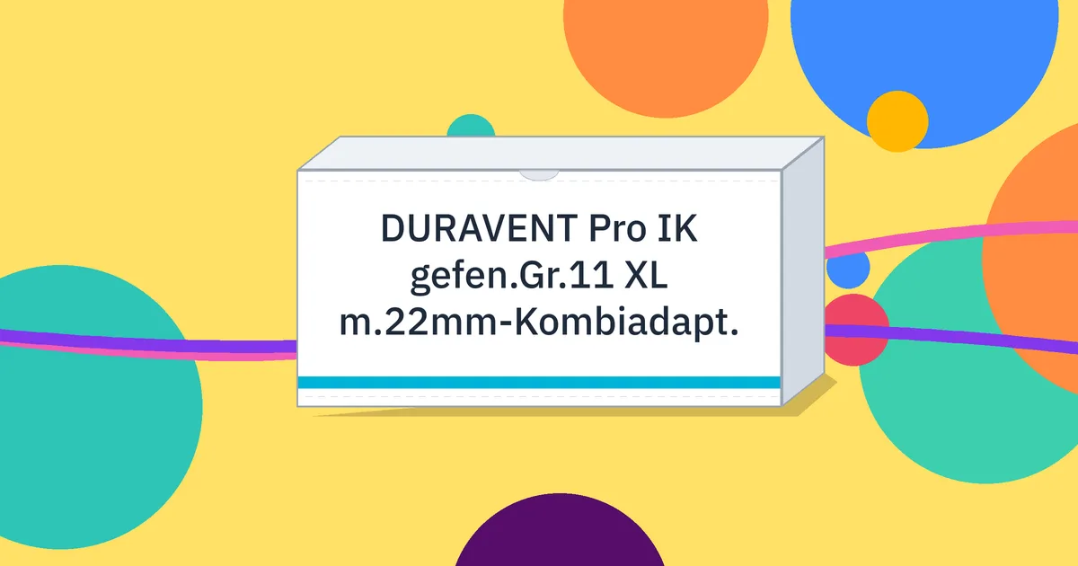Symbolbild: Packung mit der Aufschrift DURAVENT Pro IK gefen.Gr.11 XL m.22mm-Kombiadapt. (PZN 19243521) – Verfügbarkeit und Bezug in Apotheken in Frankfurt am Main