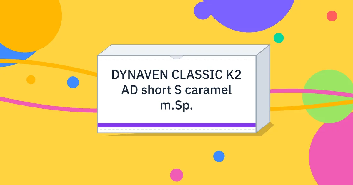 Symbolbild: Packung mit der Aufschrift DYNAVEN CLASSIC K2 AD short S caramel m.Sp. (PZN 18417798) – Verfügbarkeit und Bezug in Apotheken in Frankfurt am Main