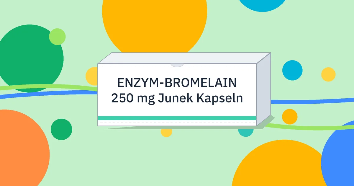 Symbolbild: Packung mit der Aufschrift ENZYM-BROMELAIN 250 mg Junek Kapseln (PZN 02573823) – Verfügbarkeit und Bezug in Apotheken in Frankfurt am Main