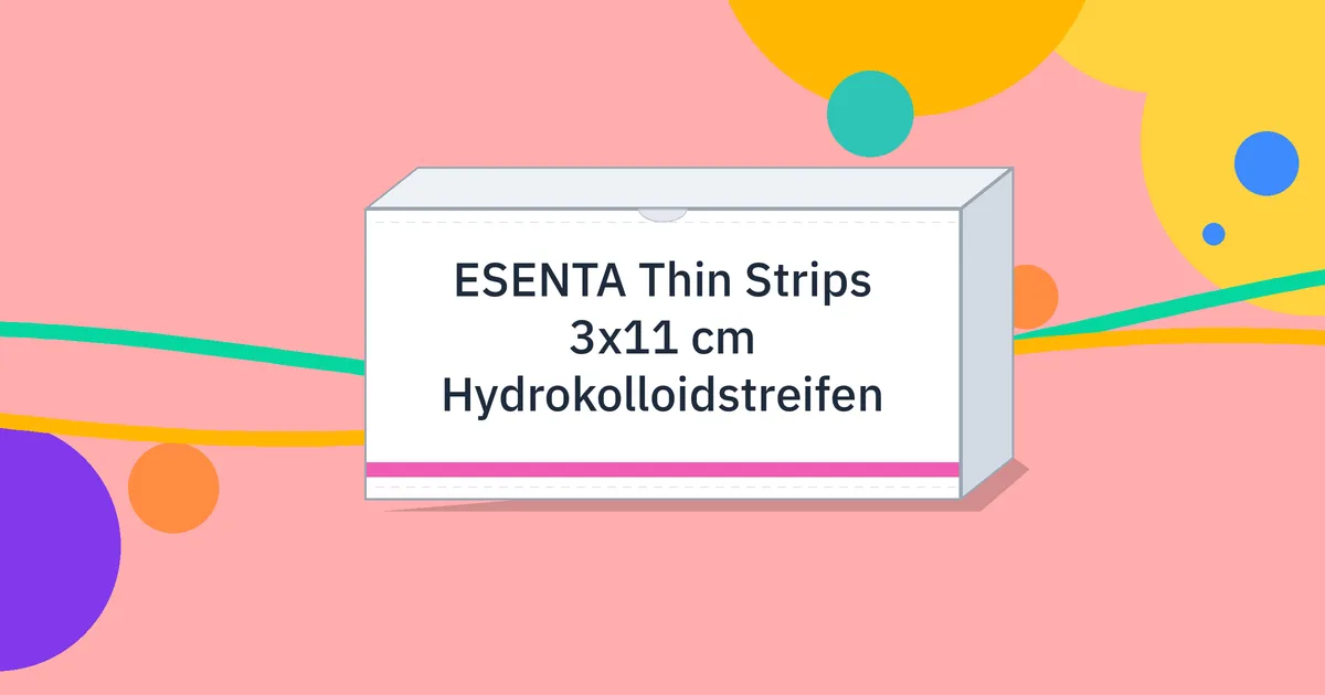 Symbolbild: Packung mit der Aufschrift ESENTA Thin Strips 3x11 cm Hydrokolloidstreifen (PZN 18666805) – Verfügbarkeit und Bezug in Apotheken in Frankfurt am Main