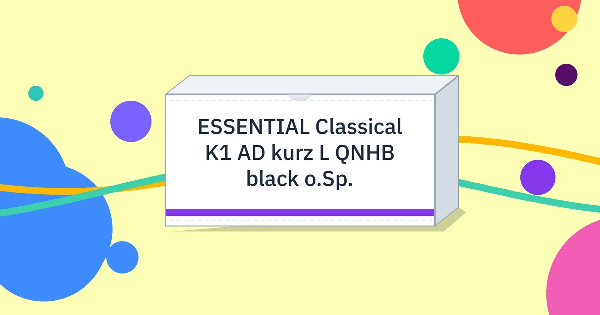 Symbolbild: Packung mit der Aufschrift ESSENTIAL Classical K1 AD kurz L QNHB black o.Sp. (PZN 18866102) – Verfügbarkeit und Bezug in Apotheken in Frankfurt am Main