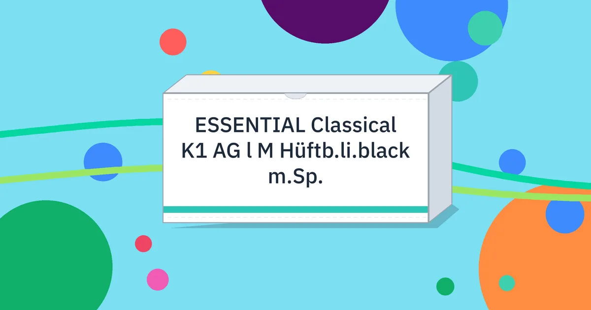 Symbolbild: Packung mit der Aufschrift ESSENTIAL Classical K1 AG l M Hüftb.li.black m.Sp. (PZN 17013308) – Verfügbarkeit und Bezug in Apotheken in Frankfurt am Main
