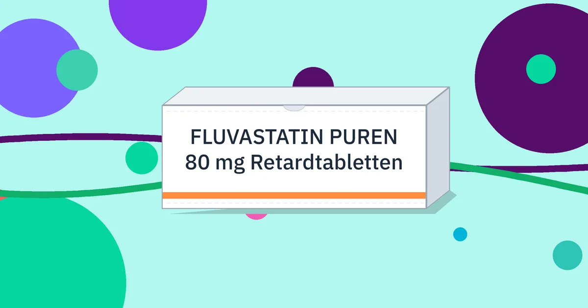 Symbolbild: Packung mit der Aufschrift FLUVASTATIN PUREN 80 mg Retardtabletten (PZN 11354853) – Verfügbarkeit und Bezug in Apotheken in Frankfurt am Main