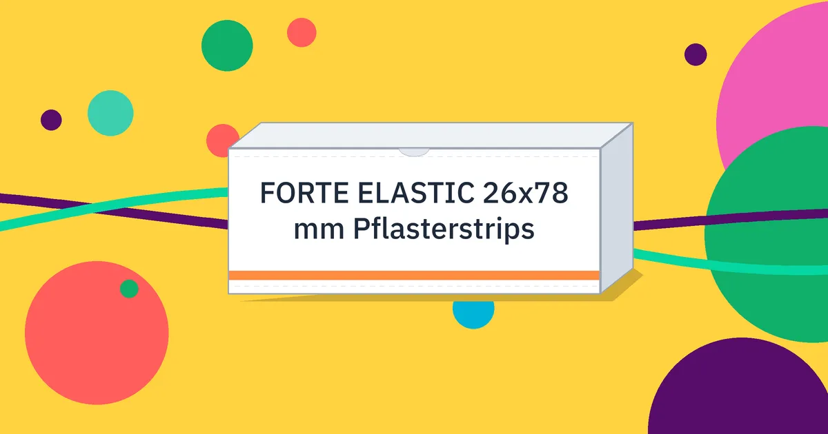 Symbolbild: Packung mit der Aufschrift FORTE ELASTIC 26x78 mm Pflasterstrips (PZN 20128363) – Verfügbarkeit und Bezug in Apotheken in Frankfurt am Main