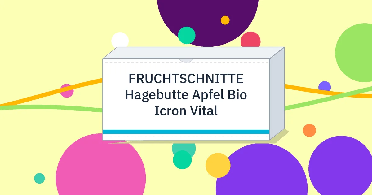 Symbolbild: Packung mit der Aufschrift FRUCHTSCHNITTE Hagebutte Apfel Bio Icron Vital (PZN 01912341) – Verfügbarkeit und Bezug in Apotheken in Frankfurt am Main
