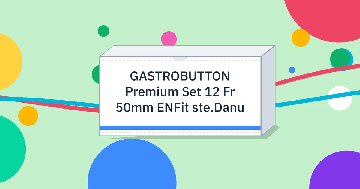 Symbolbild: Packung mit der Aufschrift GASTROBUTTON Premium Set 12 Fr 50mm ENFit ste.Danu (PZN 16883361) – Verfügbarkeit und Bezug in Apotheken in Frankfurt am Main