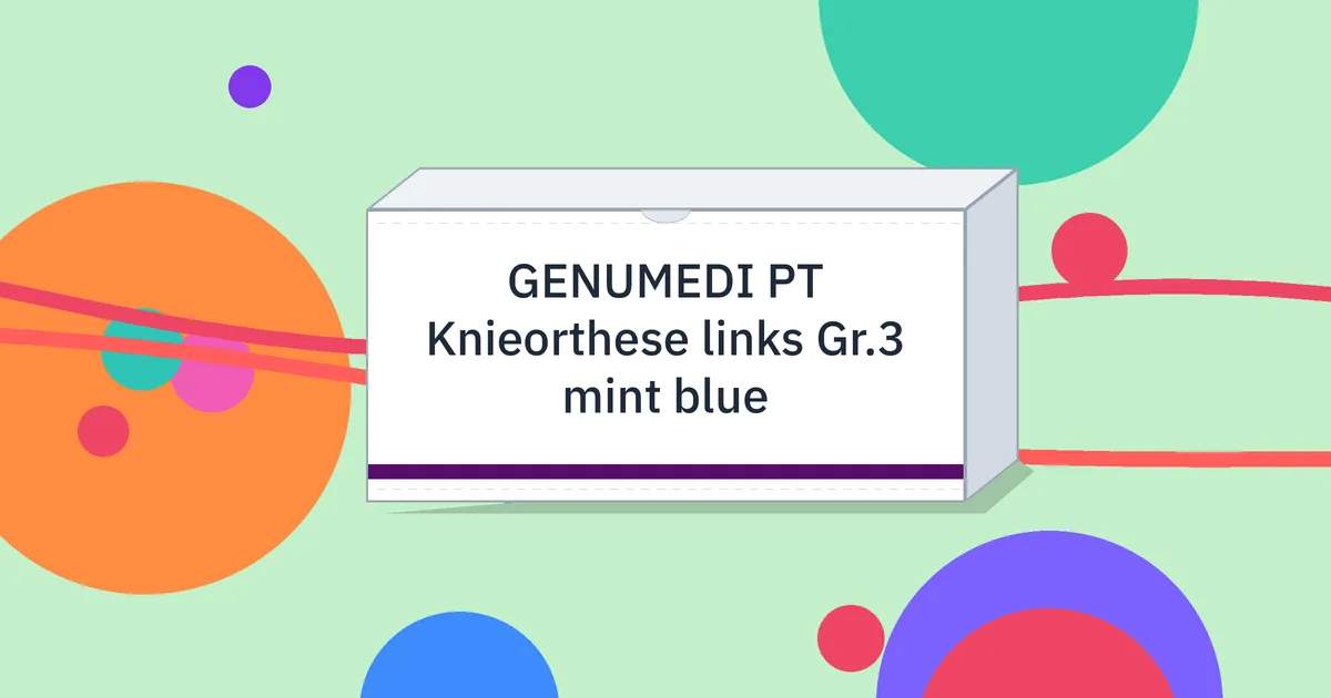 Symbolbild: Packung mit der Aufschrift GENUMEDI PT Knieorthese links Gr.3 mint blue (PZN 17982496) – Verfügbarkeit und Bezug in Apotheken in Frankfurt am Main