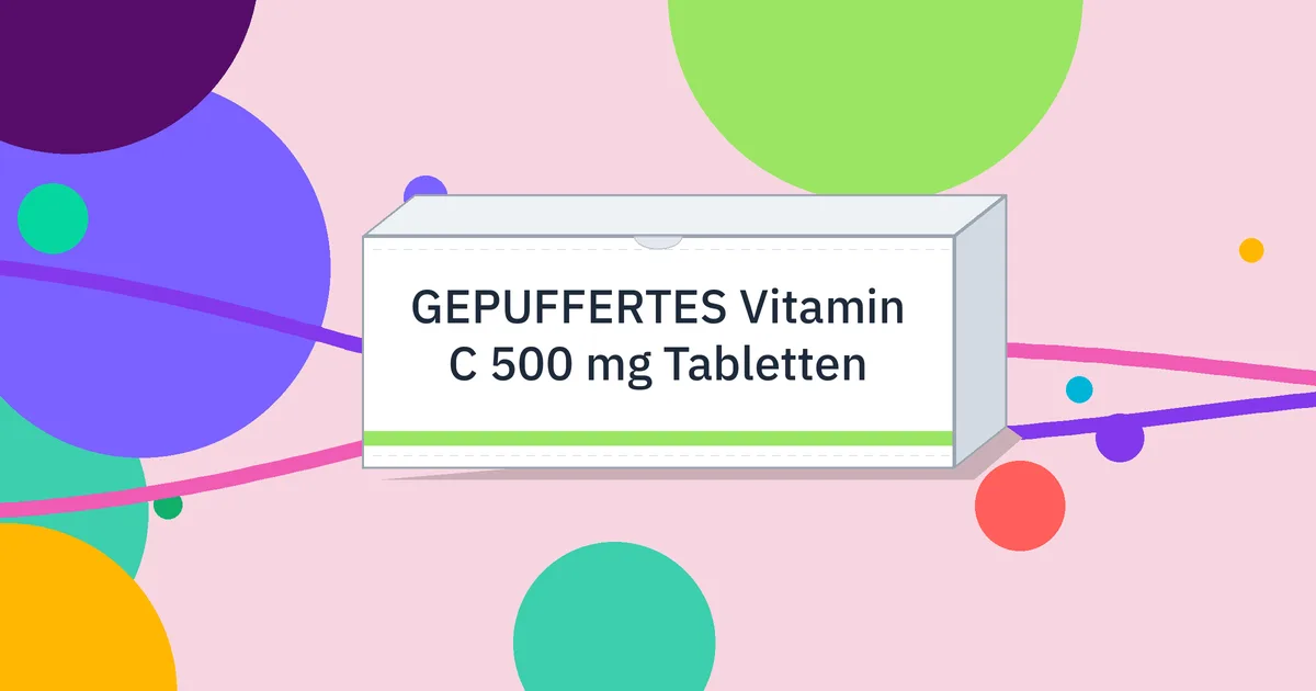Symbolbild: Packung mit der Aufschrift GEPUFFERTES Vitamin C 500 mg Tabletten (PZN 20689558) – Verfügbarkeit und Bezug in Apotheken in Frankfurt am Main