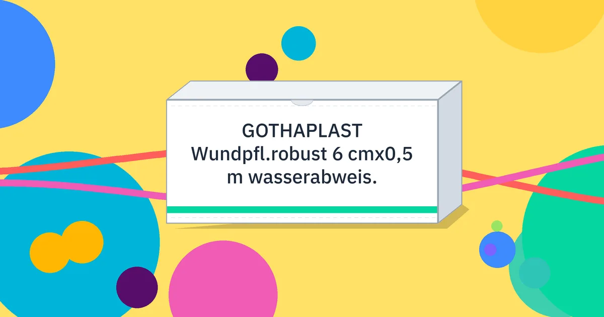Symbolbild: Packung mit der Aufschrift GOTHAPLAST Wundpfl.robust 6 cmx0,5 m wasserabweis. (PZN 07464760) – Verfügbarkeit und Bezug in Apotheken in Frankfurt am Main