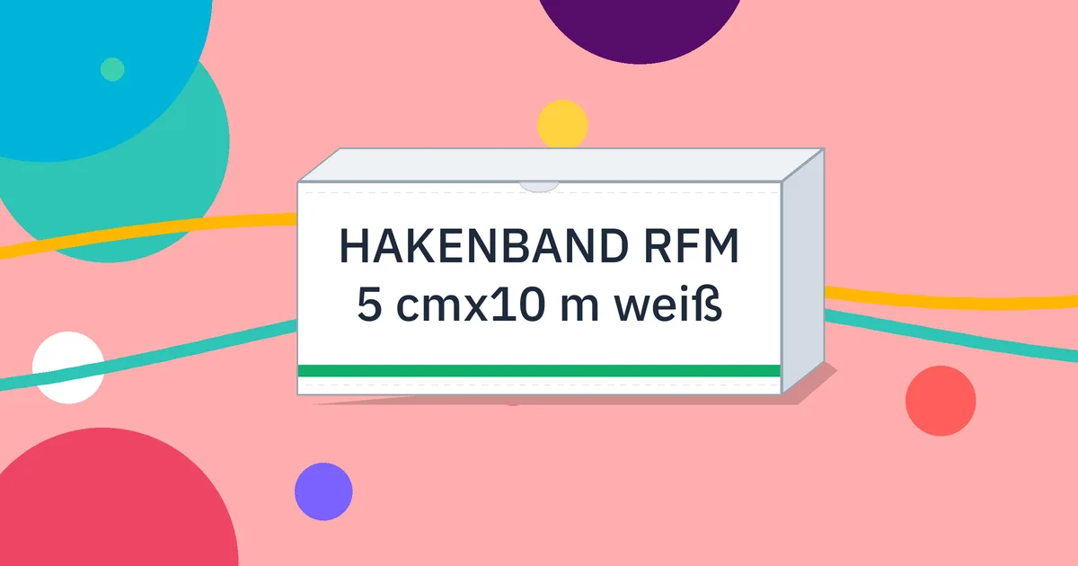 Symbolbild: Packung mit der Aufschrift HAKENBAND RFM 5 cmx10 m weiß (PZN 06490471) – Verfügbarkeit und Bezug in Apotheken in Frankfurt am Main