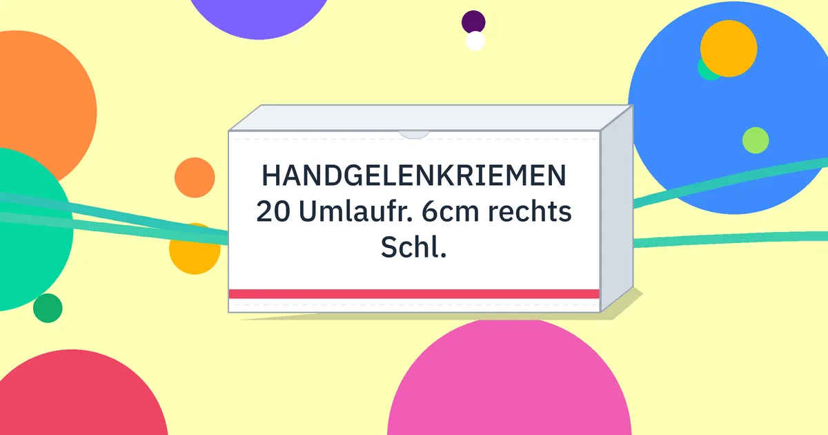 Symbolbild: Packung mit der Aufschrift HANDGELENKRIEMEN 20 Umlaufr. 6cm rechts Schl. (PZN 01962907) – Verfügbarkeit und Bezug in Apotheken in Frankfurt am Main