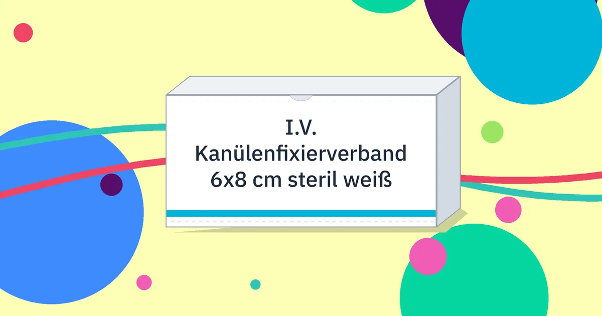 Symbolbild: Packung mit der Aufschrift I.V. Kanülenfixierverband 6x8 cm steril weiß (PZN 17559415) – Verfügbarkeit und Bezug in Apotheken in Frankfurt am Main