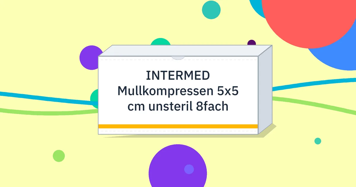 Symbolbild: Packung mit der Aufschrift INTERMED Mullkompressen 5x5 cm unsteril 8fach (PZN 02709286) – Verfügbarkeit und Bezug in Apotheken in Frankfurt am Main