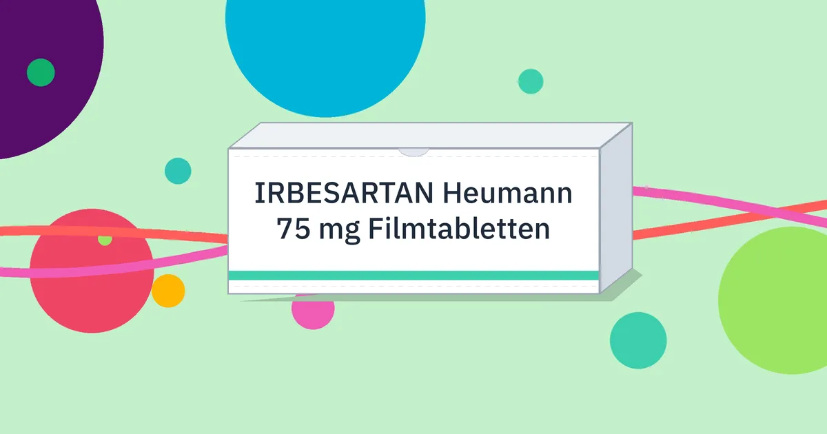 Symbolbild: Packung mit der Aufschrift IRBESARTAN Heumann 75 mg Filmtabletten (PZN 19129618) – Verfügbarkeit und Bezug in Apotheken in Frankfurt am Main