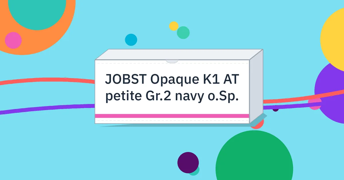 Symbolbild: Packung mit der Aufschrift JOBST Opaque K1 AT petite Gr.2 navy o.Sp. (PZN 13104043) – Verfügbarkeit und Bezug in Apotheken in Frankfurt am Main