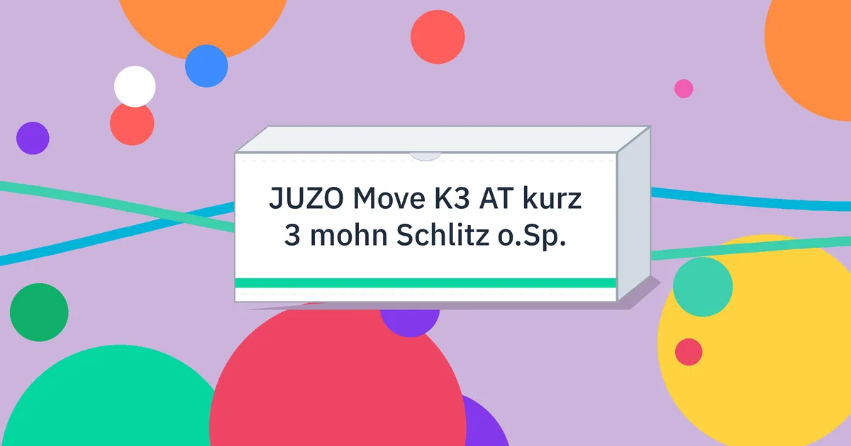 Symbolbild: Packung mit der Aufschrift JUZO Move K3 AT kurz 3 mohn Schlitz o.Sp. (PZN 20685916) – Verfügbarkeit und Bezug in Apotheken in Frankfurt am Main