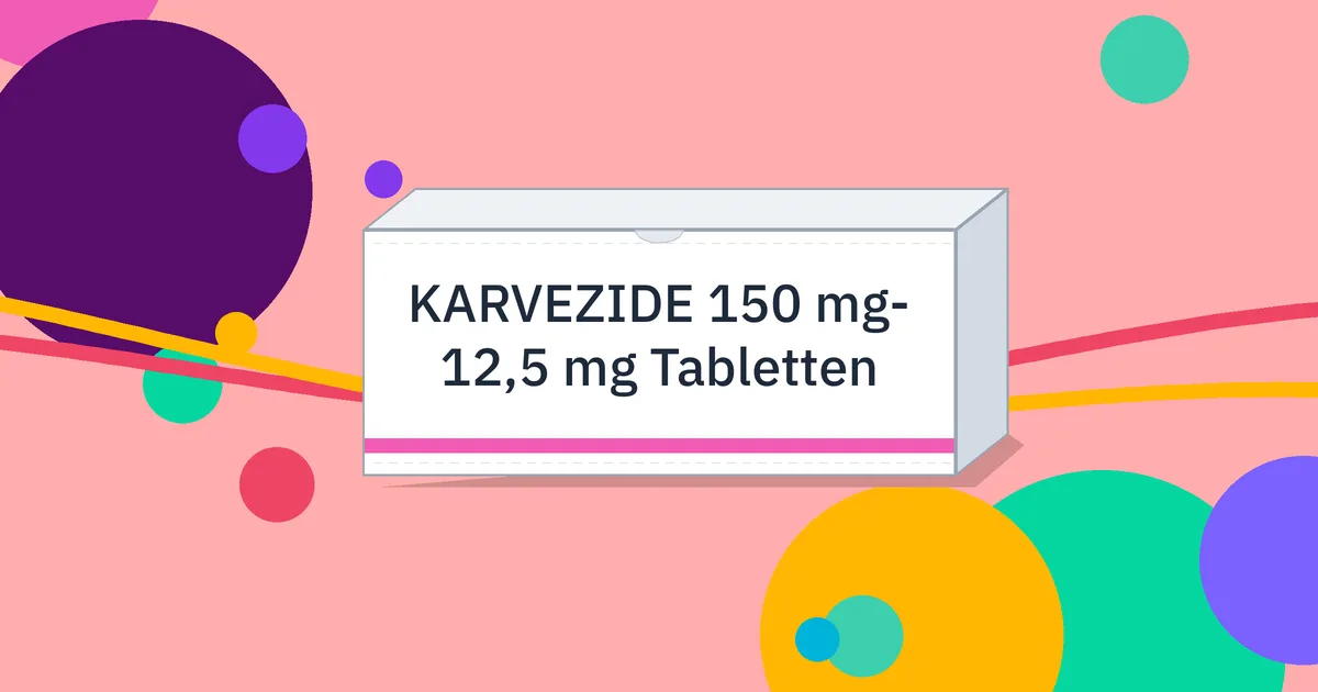 Symbolbild: Packung mit der Aufschrift KARVEZIDE 150 mg-12,5 mg Tabletten (PZN 16397755) – Verfügbarkeit und Bezug in Apotheken in Frankfurt am Main