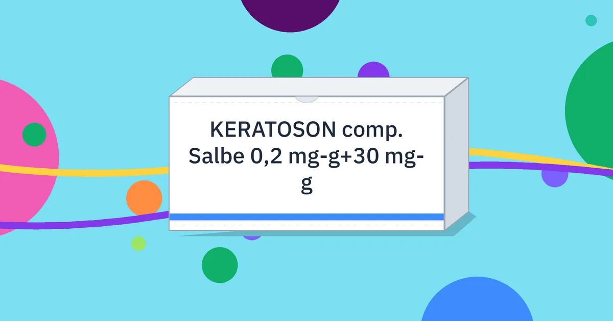 Symbolbild: Packung mit der Aufschrift KERATOSON comp. Salbe 0,2 mg-g+30 mg-g (PZN 18213239) – Verfügbarkeit und Bezug in Apotheken in Frankfurt am Main