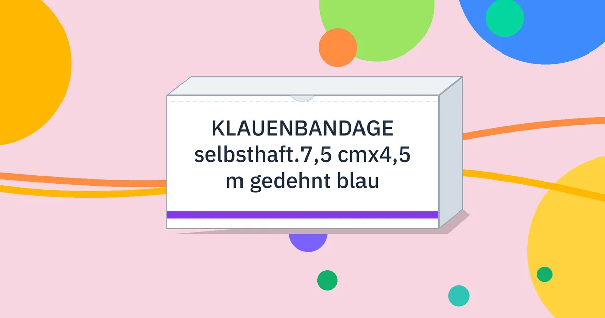 Symbolbild: Packung mit der Aufschrift KLAUENBANDAGE selbsthaft.7,5 cmx4,5 m gedehnt blau (PZN 15658254) – Verfügbarkeit und Bezug in Apotheken in Frankfurt am Main