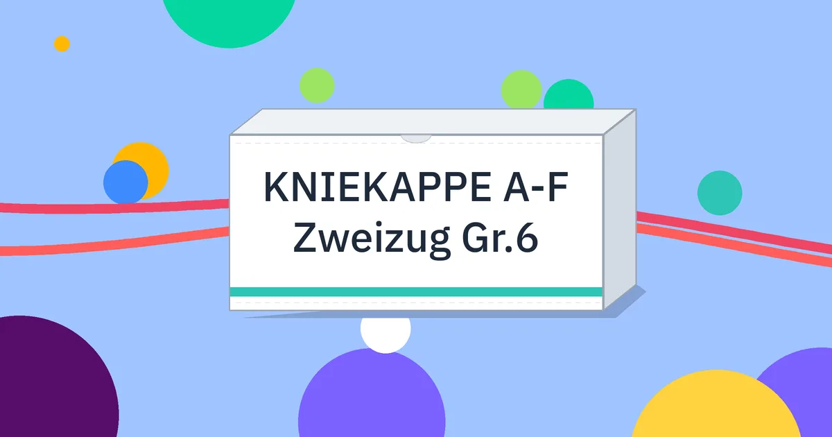 Symbolbild: Packung mit der Aufschrift KNIEKAPPE A-F Zweizug Gr.6 (PZN 01969619) – Verfügbarkeit und Bezug in Apotheken in Frankfurt am Main