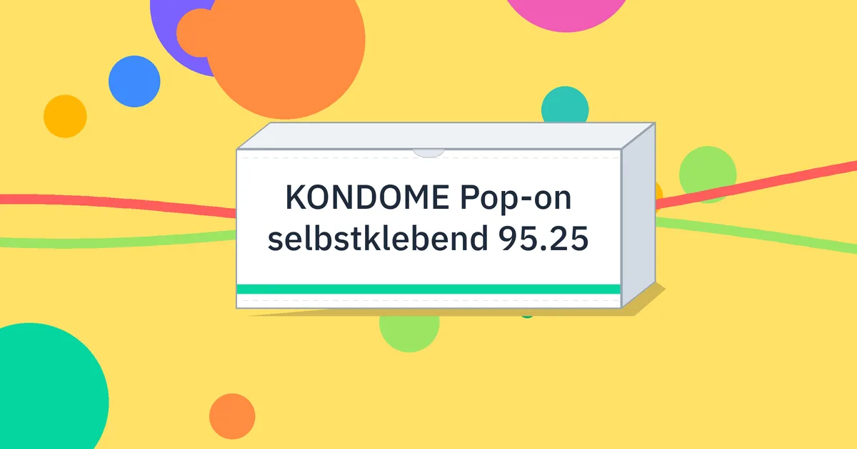 Symbolbild: Packung mit der Aufschrift KONDOME Pop-on selbstklebend 95.25 (PZN 07235893) – Verfügbarkeit und Bezug in Apotheken in Frankfurt am Main