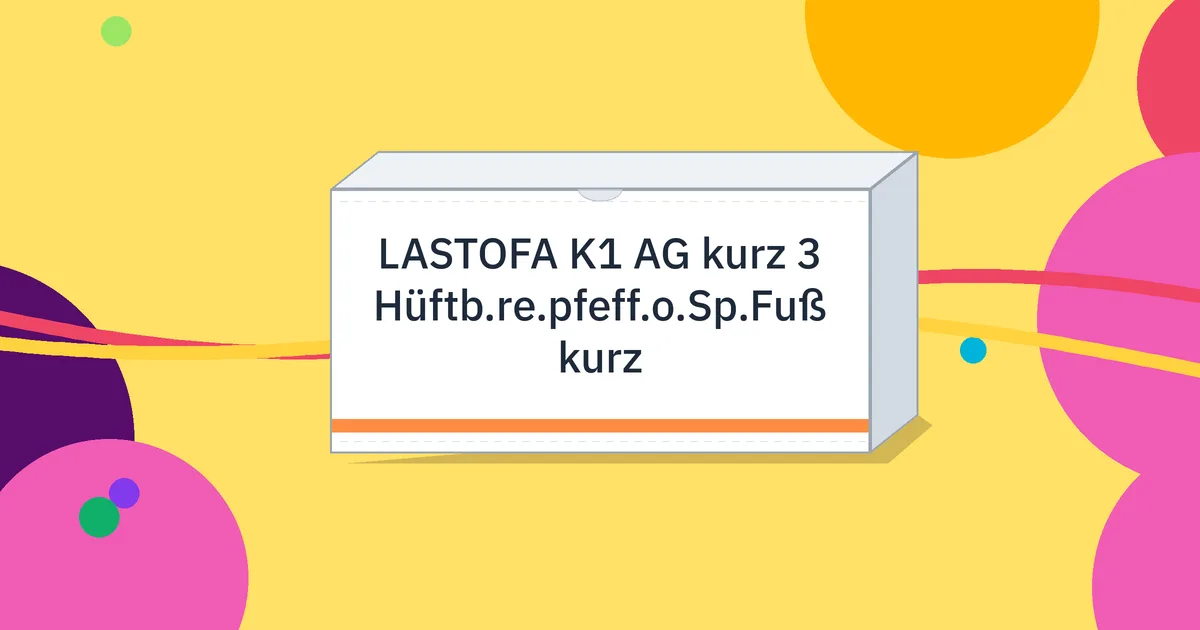 Symbolbild: Packung mit der Aufschrift LASTOFA K1 AG kurz 3 Hüftb.re.pfeff.o.Sp.Fuß kurz (PZN 13798264) – Verfügbarkeit und Bezug in Apotheken in Frankfurt am Main