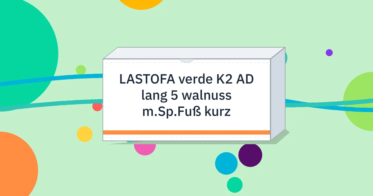 Symbolbild: Packung mit der Aufschrift LASTOFA verde K2 AD lang 5 walnuss m.Sp.Fuß kurz (PZN 16721836) – Verfügbarkeit und Bezug in Apotheken in Frankfurt am Main
