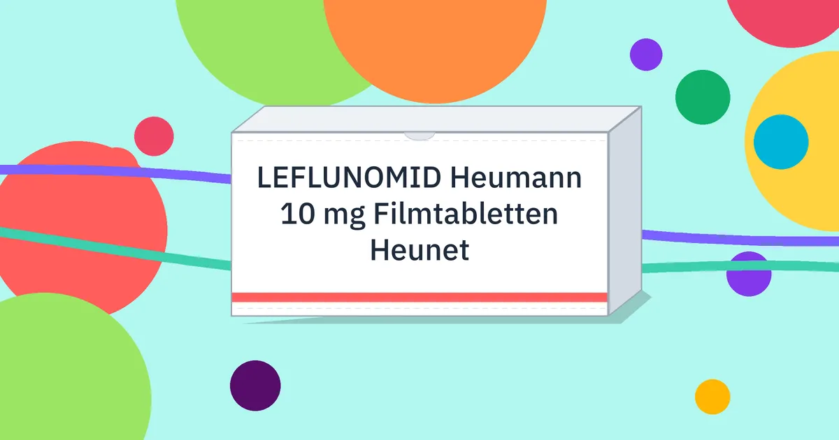 Symbolbild: Packung mit der Aufschrift LEFLUNOMID Heumann 10 mg Filmtabletten Heunet (PZN 16196666) – Verfügbarkeit und Bezug in Apotheken in Frankfurt am Main