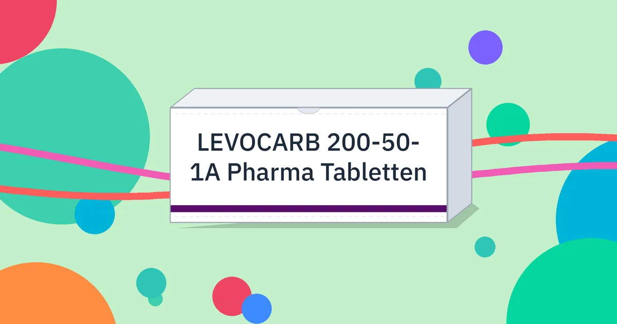 Symbolbild: Packung mit der Aufschrift LEVOCARB 200-50-1A Pharma Tabletten (PZN 07510282) – Verfügbarkeit und Bezug in Apotheken in Frankfurt am Main