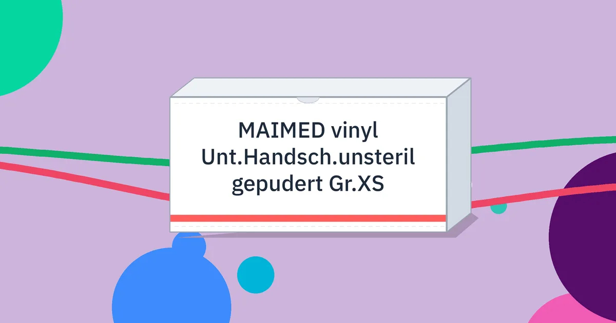 Symbolbild: Packung mit der Aufschrift MAIMED vinyl Unt.Handsch.unsteril gepudert Gr.XS (PZN 02074474) – Verfügbarkeit und Bezug in Apotheken in Frankfurt am Main