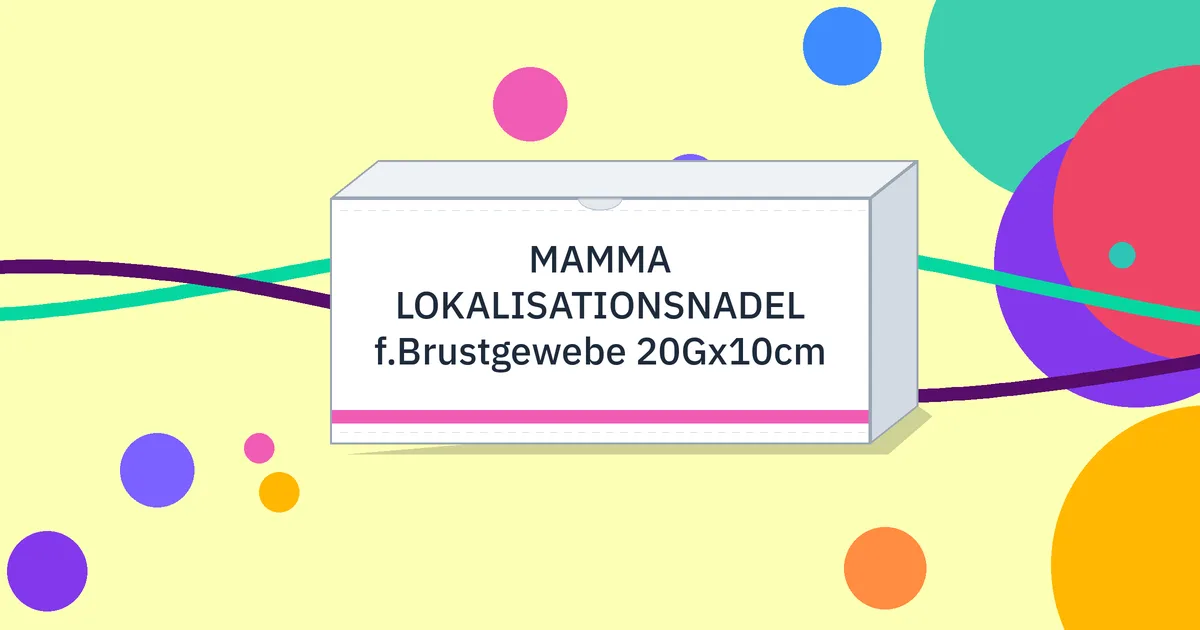 Symbolbild: Packung mit der Aufschrift MAMMA LOKALISATIONSNADEL f.Brustgewebe 20Gx10cm (PZN 00285267) – Verfügbarkeit und Bezug in Apotheken in Frankfurt am Main