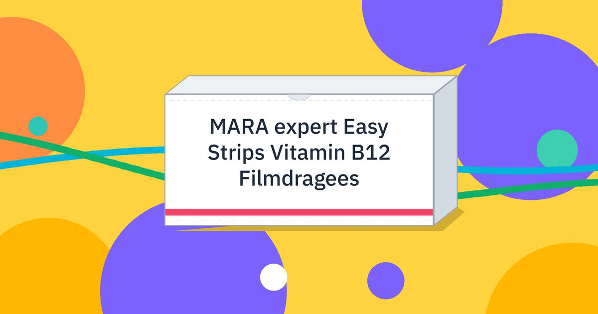 Symbolbild: Packung mit der Aufschrift MARA expert Easy Strips Vitamin B12 Filmdragees (PZN 20891455) – Verfügbarkeit und Bezug in Apotheken in Frankfurt am Main
