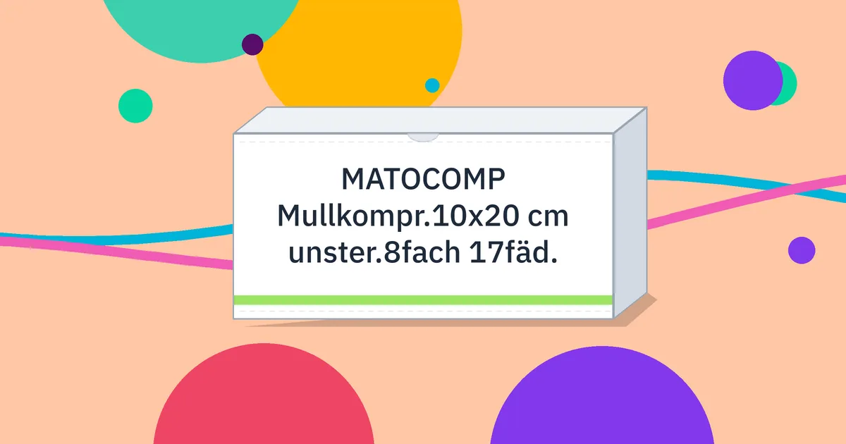 Symbolbild: Packung mit der Aufschrift MATOCOMP Mullkompr.10x20 cm unster.8fach 17fäd. (PZN 00925287) – Verfügbarkeit und Bezug in Apotheken in Frankfurt am Main