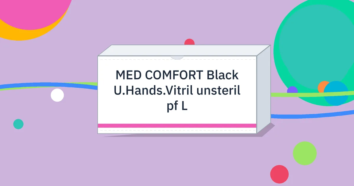 Symbolbild: Packung mit der Aufschrift MED COMFORT Black U.Hands.Vitril unsteril pf L (PZN 17173420) – Verfügbarkeit und Bezug in Apotheken in Frankfurt am Main